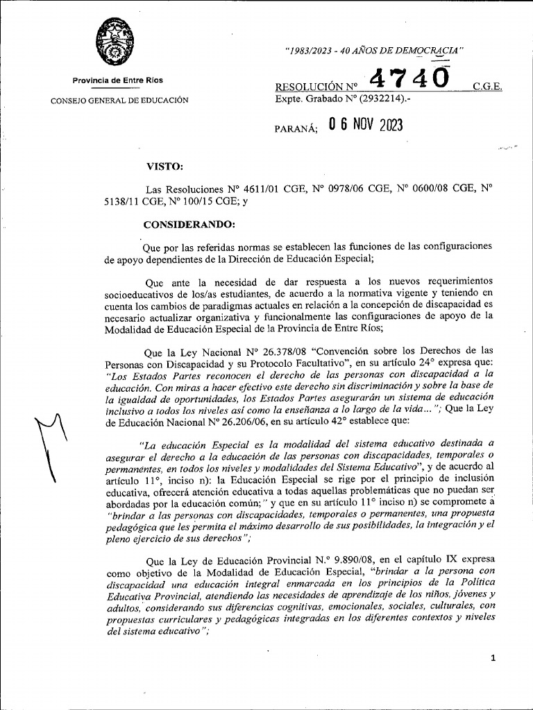 4740 23 CGE Aprueba Funciones de Las Configuraciones de Apoyo de La Dirección de Educ. Especial ...