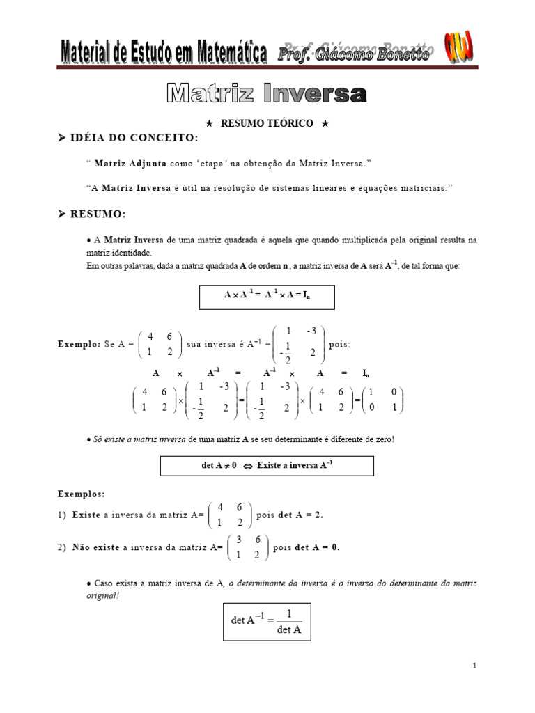 Matriz Inversa - MEM - Prof Giacomo Bonetto | PDF | Matriz (Matemática ...