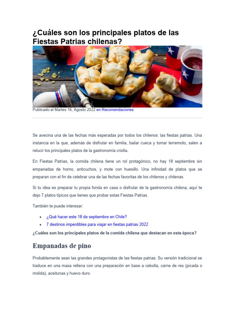Cuáles Son Los Principales Platos de Las Fiestas Patrias Chilenas | PDF ...