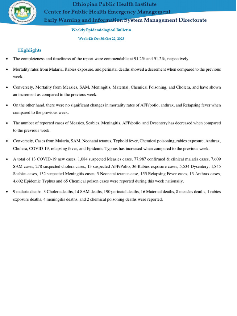 Weekly Epidemiological Bulletin: Week 42 | PDF | Ethiopia | Measles