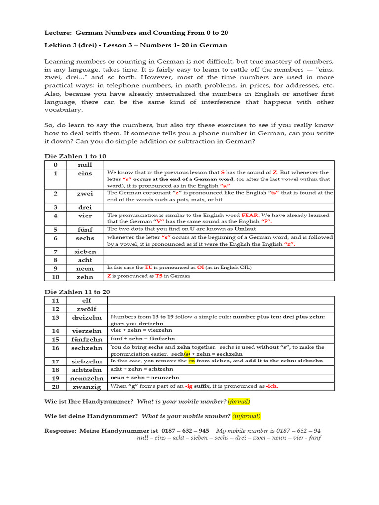 Lecture - German Numbers - Lektion 3 - (Numbers 0 - 20) - Lektion 4 (Numbers 21 - 100) | PDF ...
