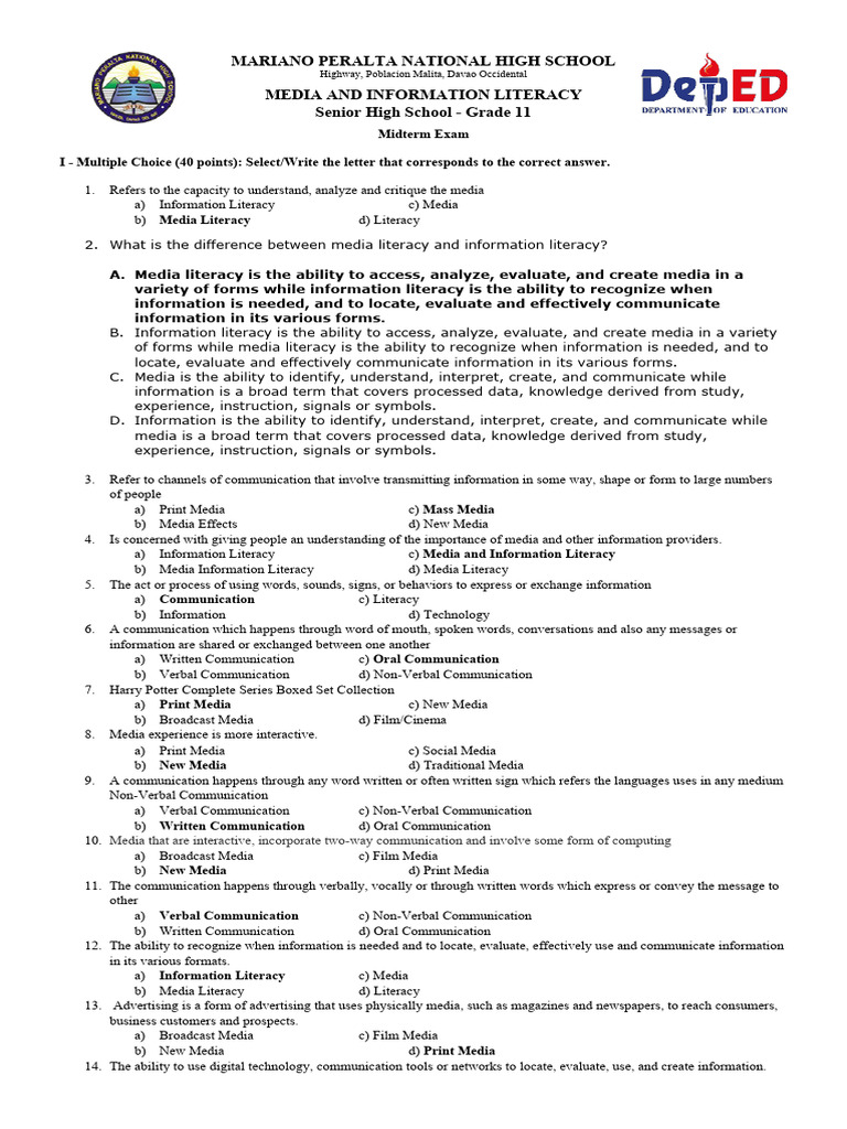 MIL Midterm Exam With Answer Key 2022 2023 | PDF | Communication | Information