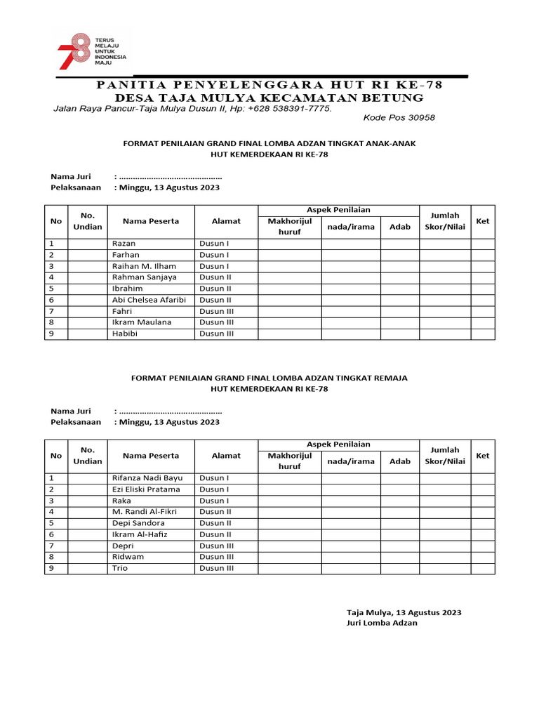 FORMAT PENILAIAN JURI LOMBA KEAGAMAAN | PDF