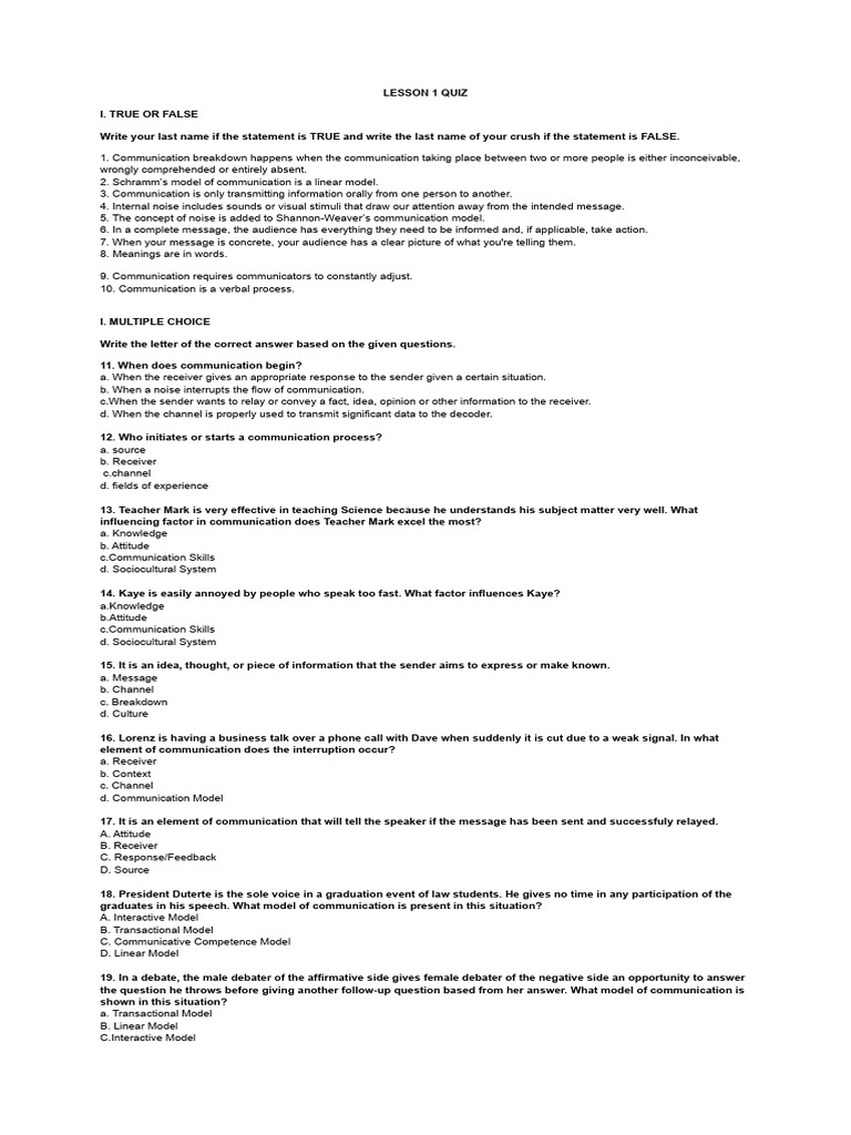 Lesson 1 Quiz | Download Free PDF | Communication | Psychological Concepts