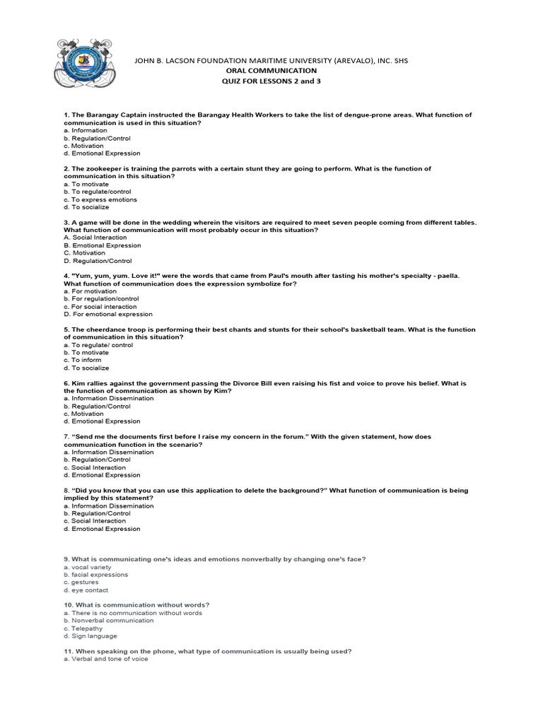Lesson 2 and Lesson 3 Quiz | PDF | Nonverbal Communication | Communication
