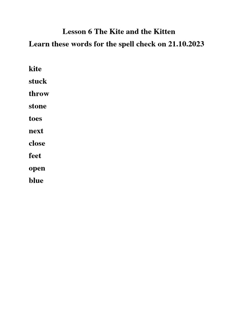 Dictation Words Lesson 6 The Kite and The Kitten | PDF | Games & Activities