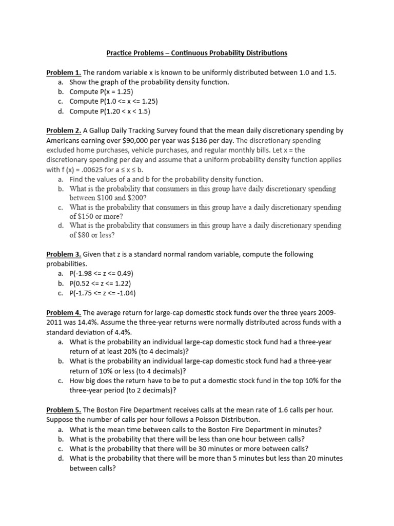 Practice Problems - Continuous Probability Distributions | PDF | Finance & Money Management