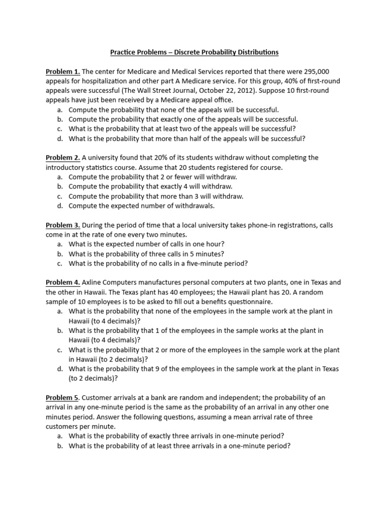 Practice Problems - Discrete Probability Distributions | PDF | Statistics | Probability Theory