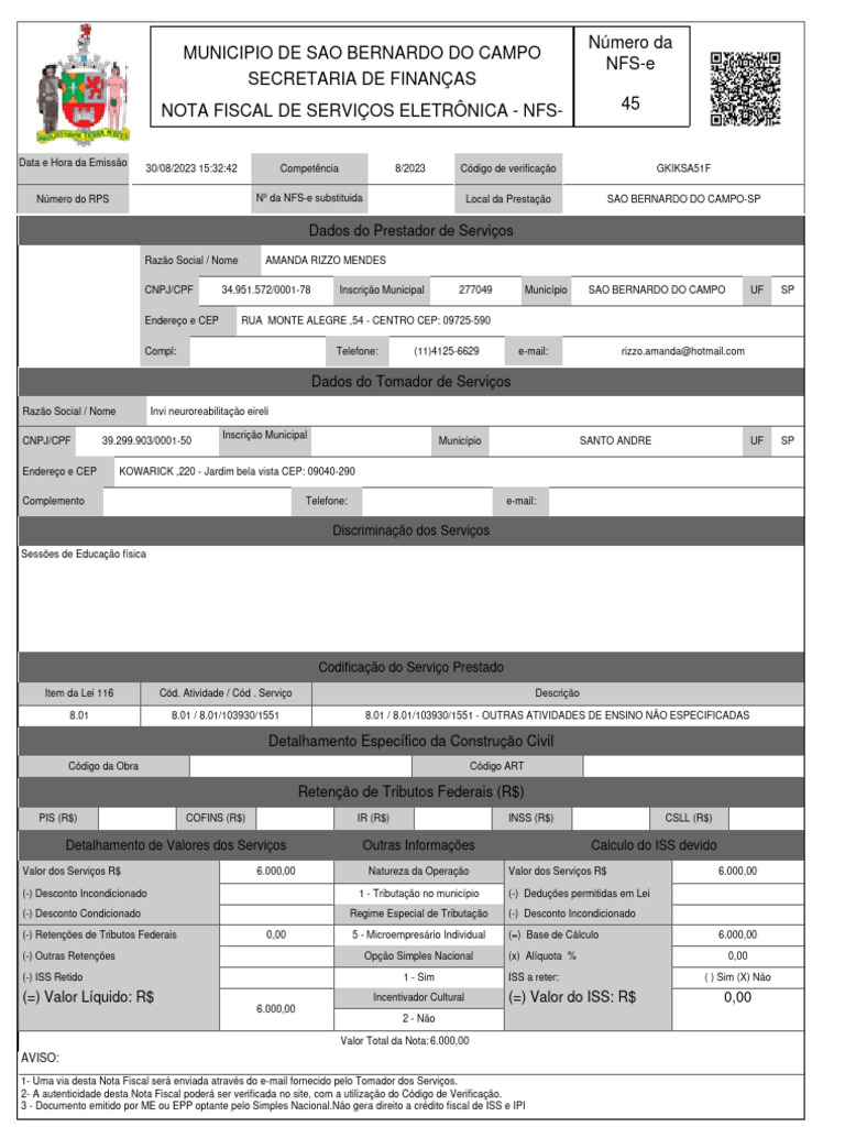 Nota Fiscal - Amanda Rizzo - Agosto - Setembro 2023 | PDF | Recibo ...