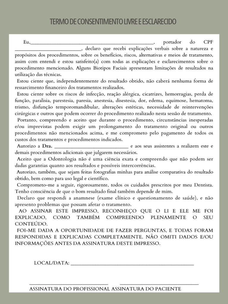 Termo de Consentimento Harmonização Facial | PDF | Odontologia ... Termo de Consentimento Harmonização Facial | PDF | Odontologia ...