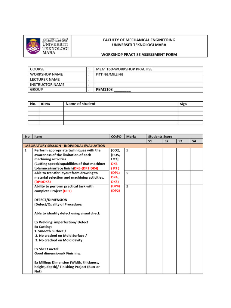 Lab Assessment Form Oct 23 FITTING MILLING | PDF | Machining | Building ...