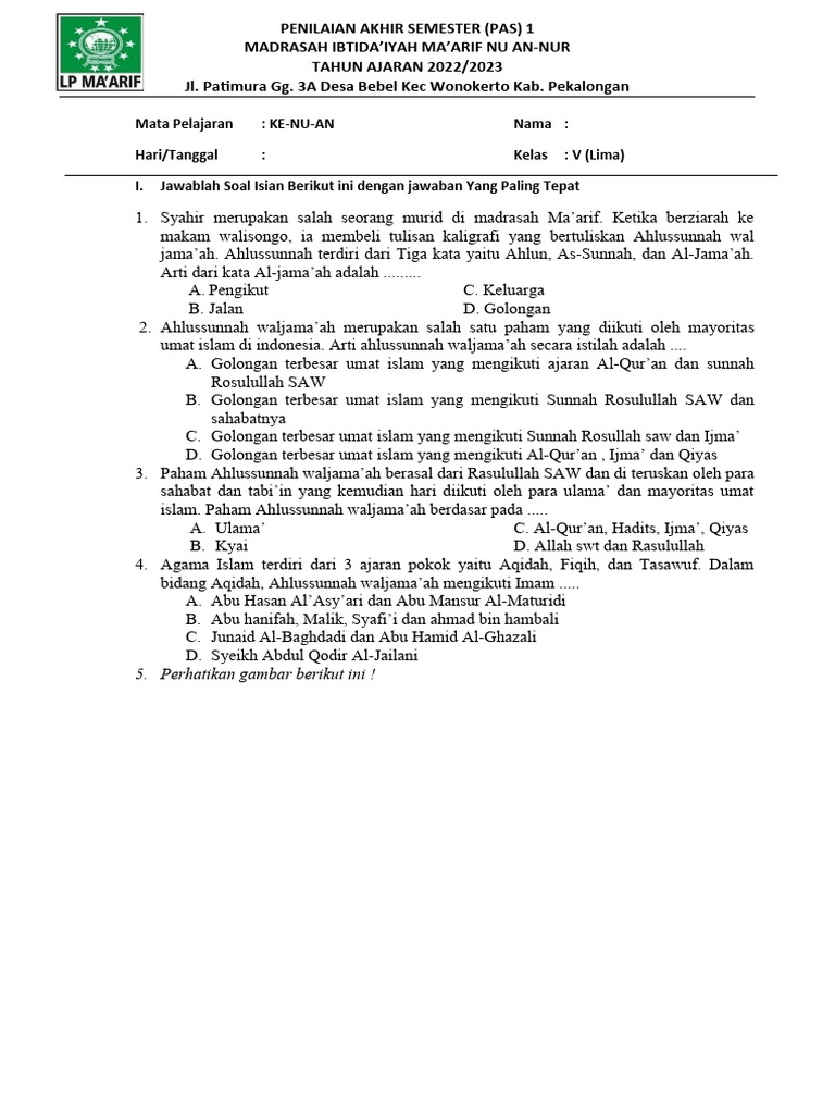 Soal Pas Ke-Nuan Kls 5 SMSTR 1 Pilganda | PDF