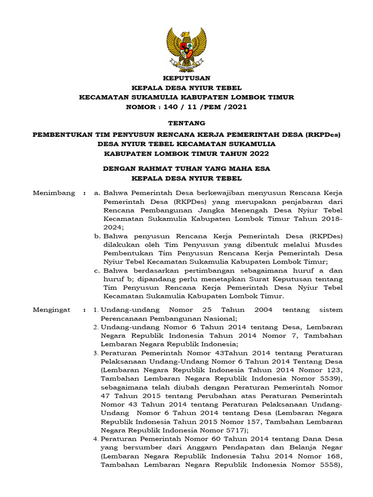 SK TIM PENYUSUN (RKPDes) 2021 | PDF