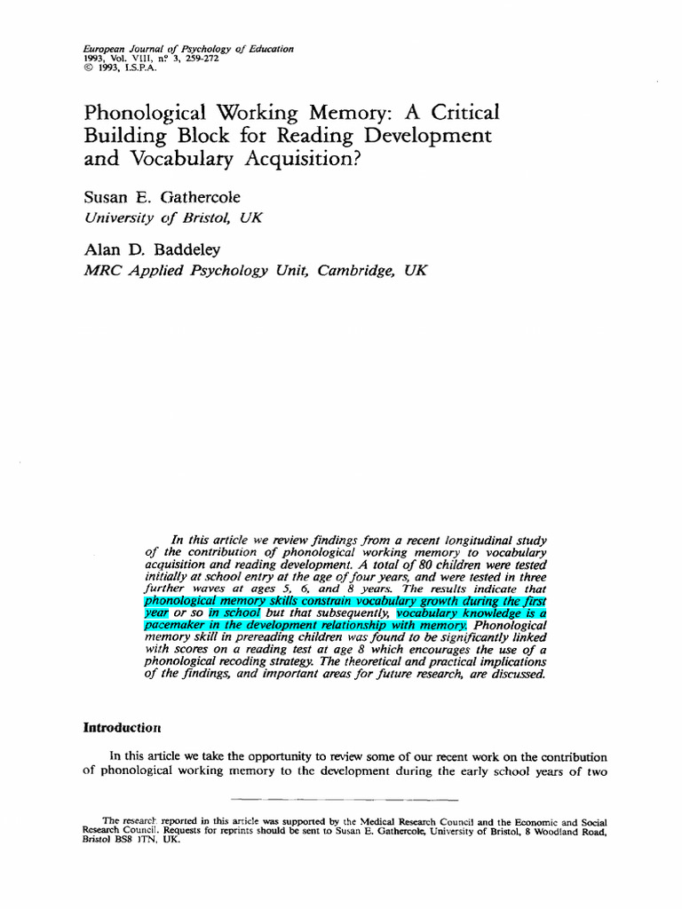 Phonological Memory's Role in Reading | PDF | Memory | Working Memory