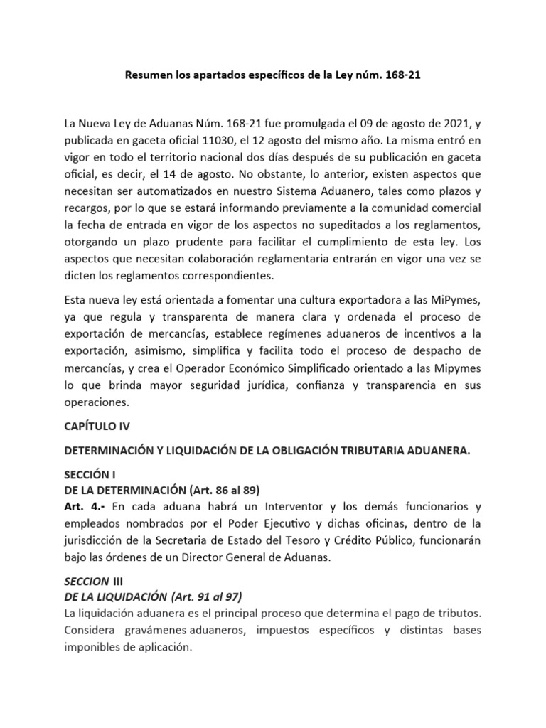 Resumen Ley 168-21 | PDF | aduana | Gobernancia