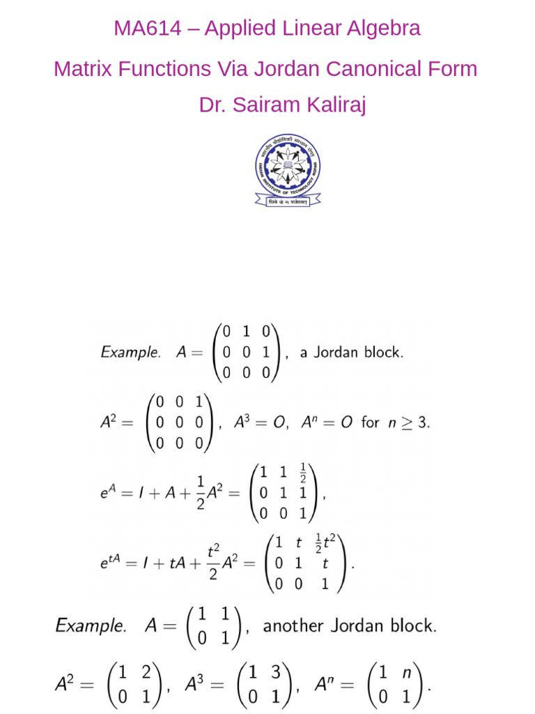 Matrix Functions Via Jordan Canonical Pdf Matrix Mathematics