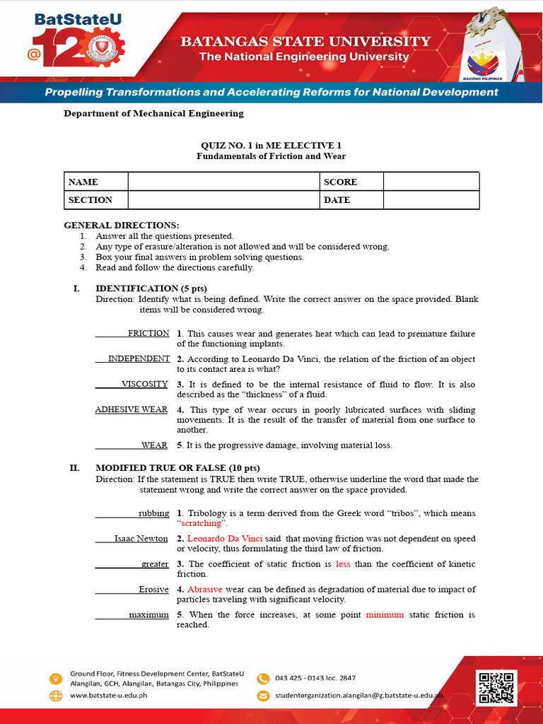 ME Elective 1 Quiz One Answer Key | PDF | Friction | Wear