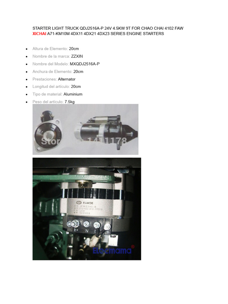 Arrancador 24V 4.5KW para Motores Chao Chai | PDF