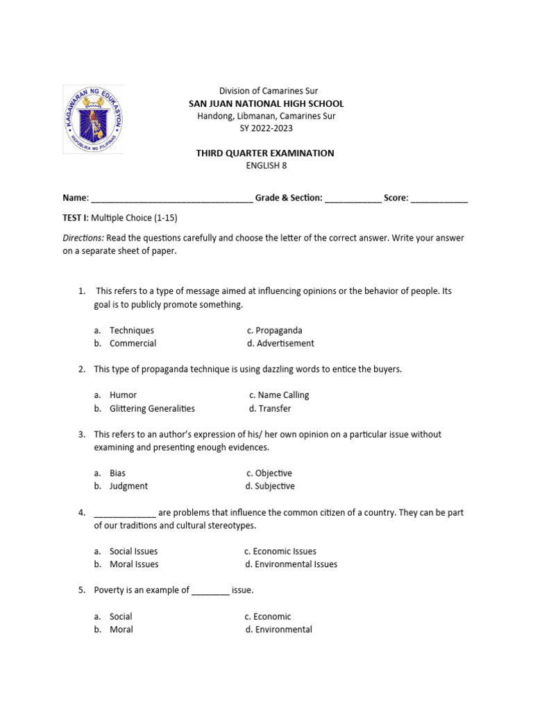 Grade 8 Exam | PDF | Word | Propaganda