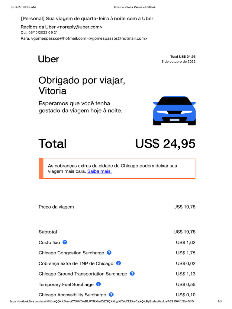 Recibo Uber: Viagem Noturna em Chicago | PDF