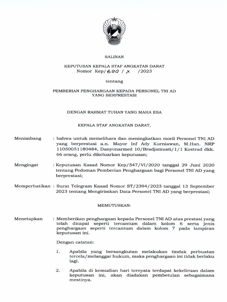 Kep-690-X-2023 Pemberian Penghargaan KPD Pers Tni Ad Yg Berprestasi Atensi Kasad | PDF