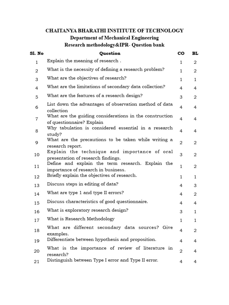 Research Methodology & IPR Question Bank | PDF | Mean | Sampling ...