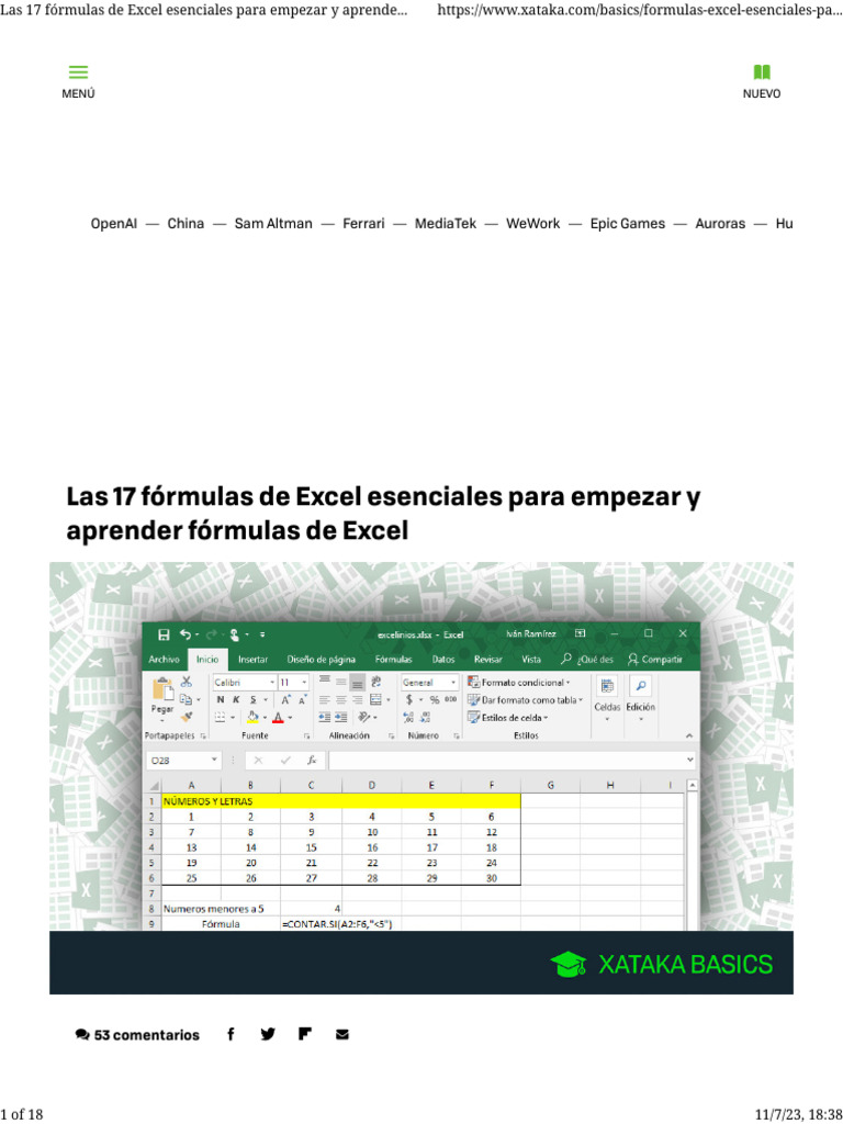 Las 17 fórmulas de Excel esenciales para empezar y aprender fórmulas de Excel | PDF | Microsoft ...