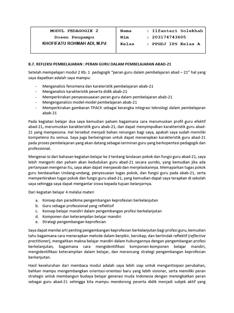 b.7. Refleksi Pembelajaran Peran Guru Dalam Pembelajaran Abad-21 | PDF b.7. Refleksi Pembelajaran Peran Guru Dalam Pembelajaran Abad-21 | PDF