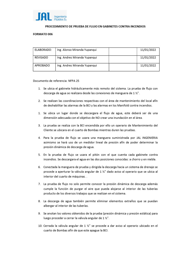 Proc. Prueba de Flujo Gabinetes | PDF | Bomba | Agua