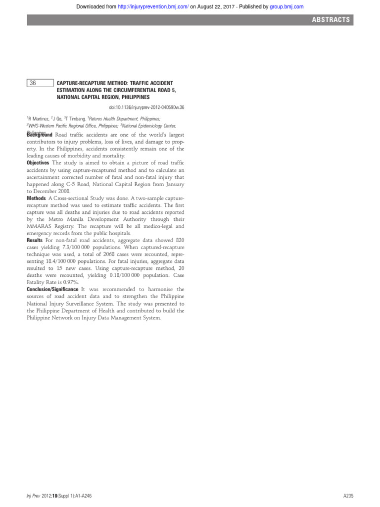 Capture Recapture Method Traffic Accident Pdf Metro Manila Health Sciences