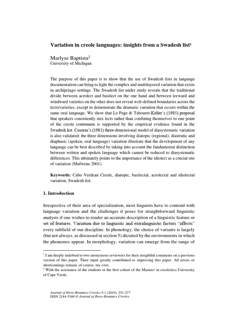 Baptista, Variation in Creoles, Swadesh List | PDF | Sociolinguistics ...