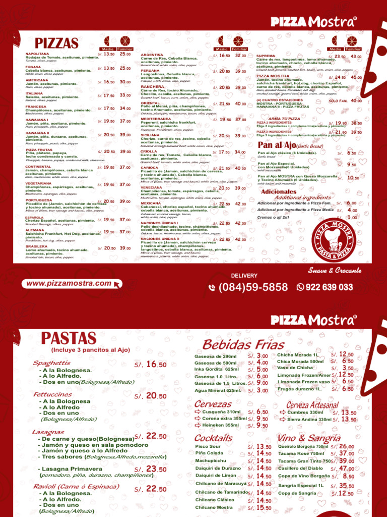 CARTA PIZZA MOSTRA CUSCO | PDF | Pizza | Tocino