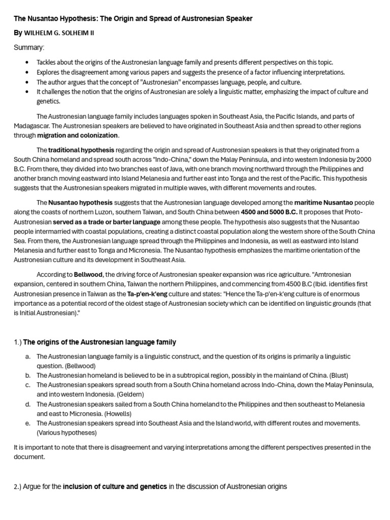 The Nusantao Hypothesis Summary and Questions | PDF | Southeast Asia