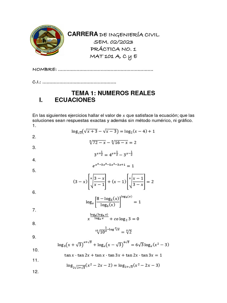 Práctica No. 1 Mat 101,Sem. 02 - 2023,Act. | PDF | Objetos matemáticos | Análisis matemático