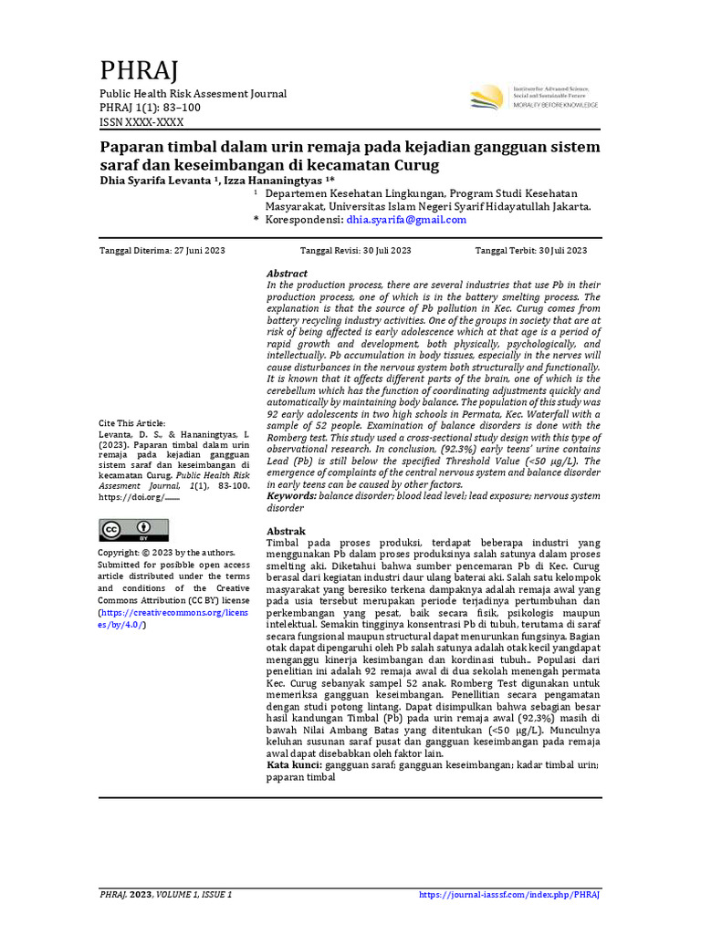 Paparan Timbal Dalam Urin Remaja Pada Kejadian Gangguan Sistem Saraf ...