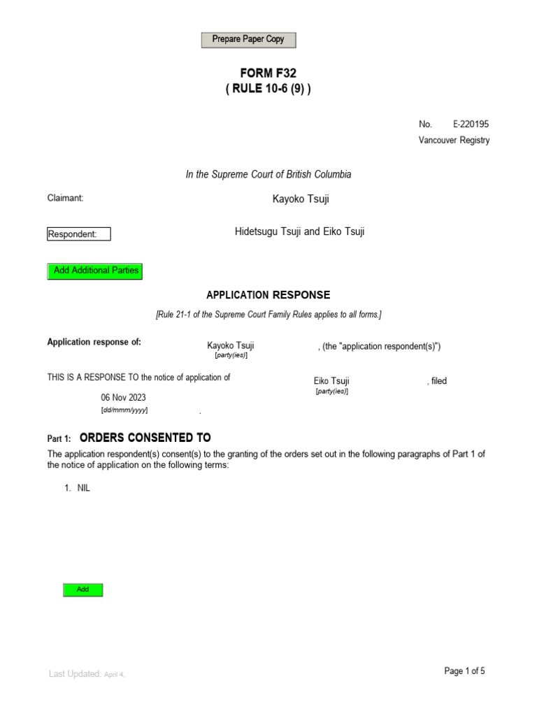 Form F32 (RULE 10-6 (9) ) : in The Supreme Court of British Columbia ...