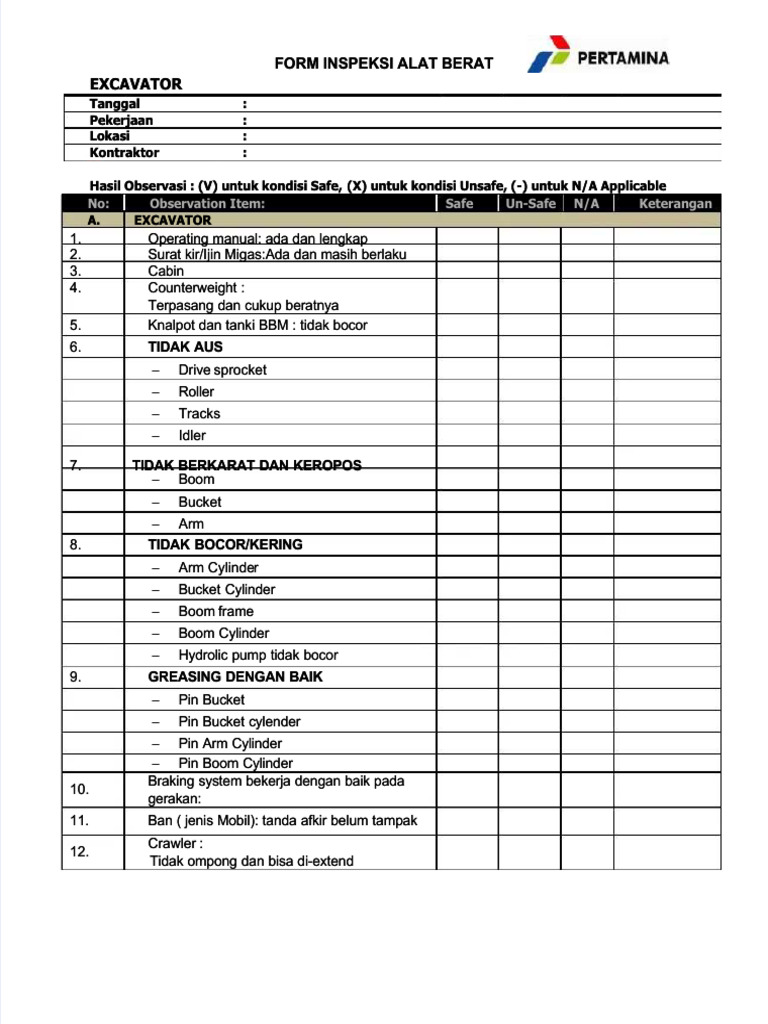 PDF Form Inspeksi Excavator Compress | PDF