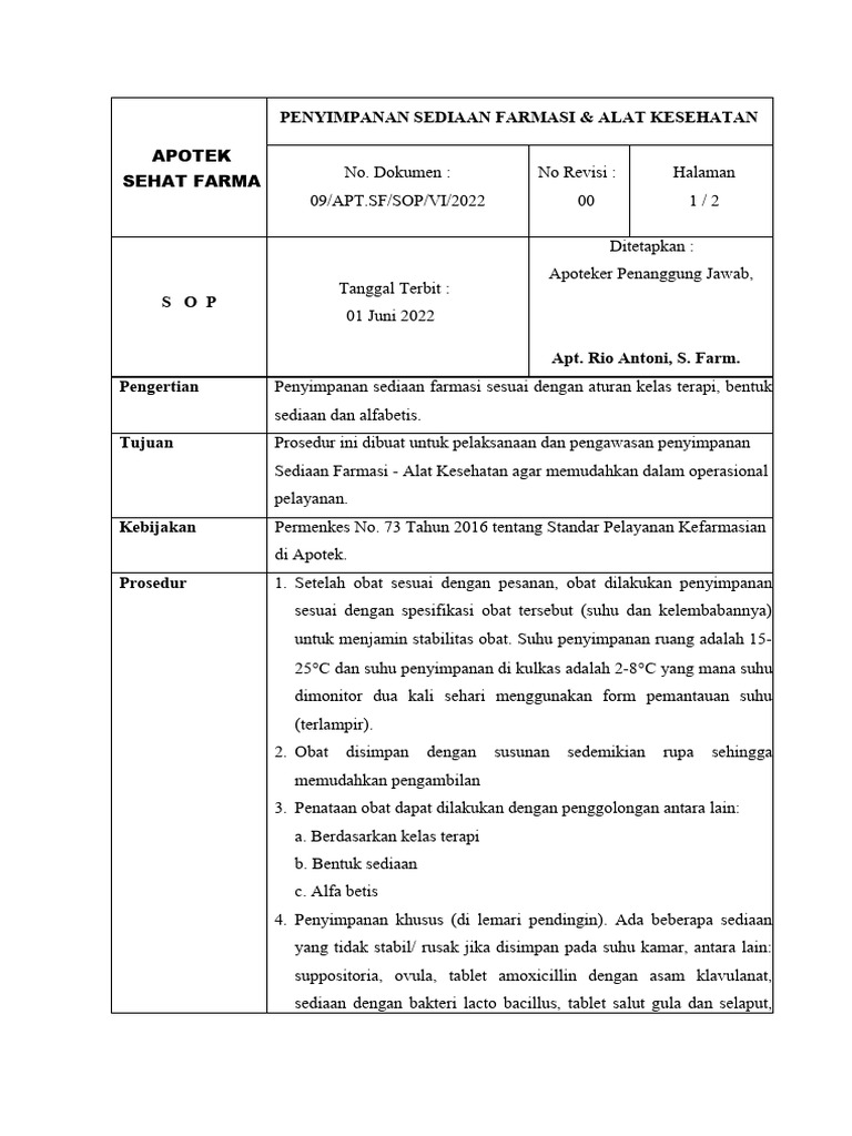 Sop Penyimpanan Sediaan Farmasi Pdf