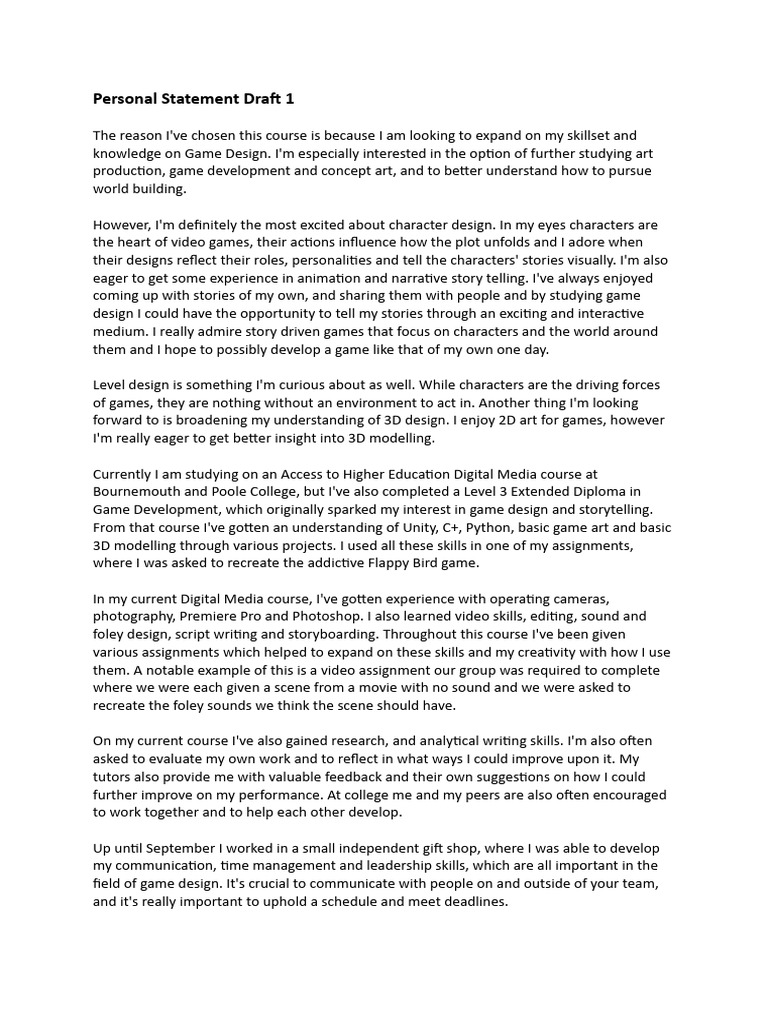 Personal Statement Draft 1 | PDF | Storytelling | Cognition