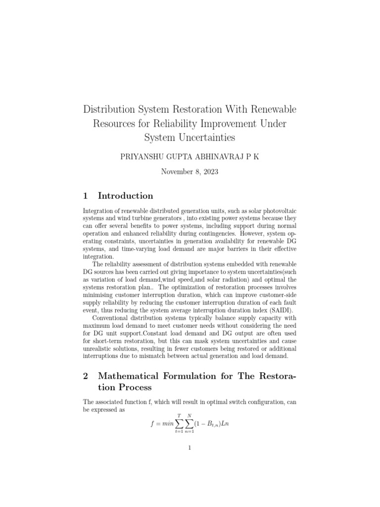 Distribution System Restoration With Renewable Resources For Reliability Improvement Under ...