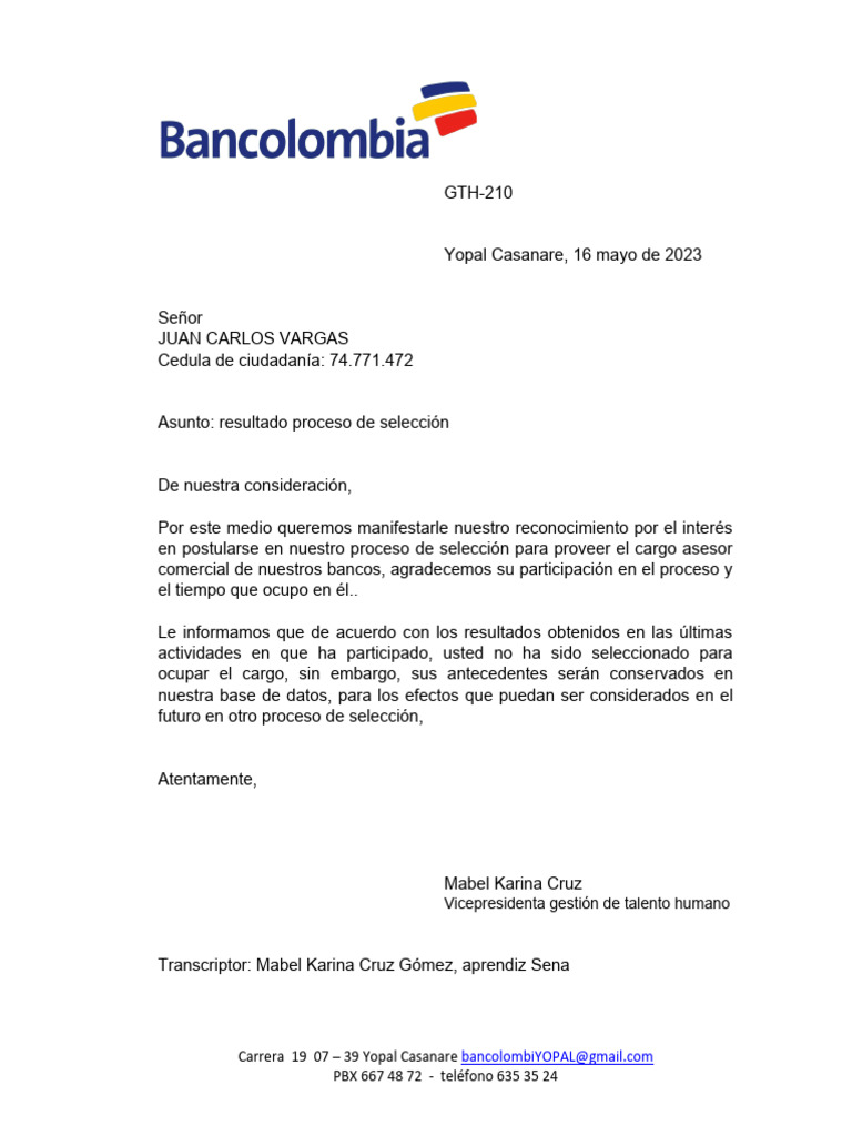 Carta Estilo Bloque RESULTADO DE PROCESO DE SELECCION | PDF