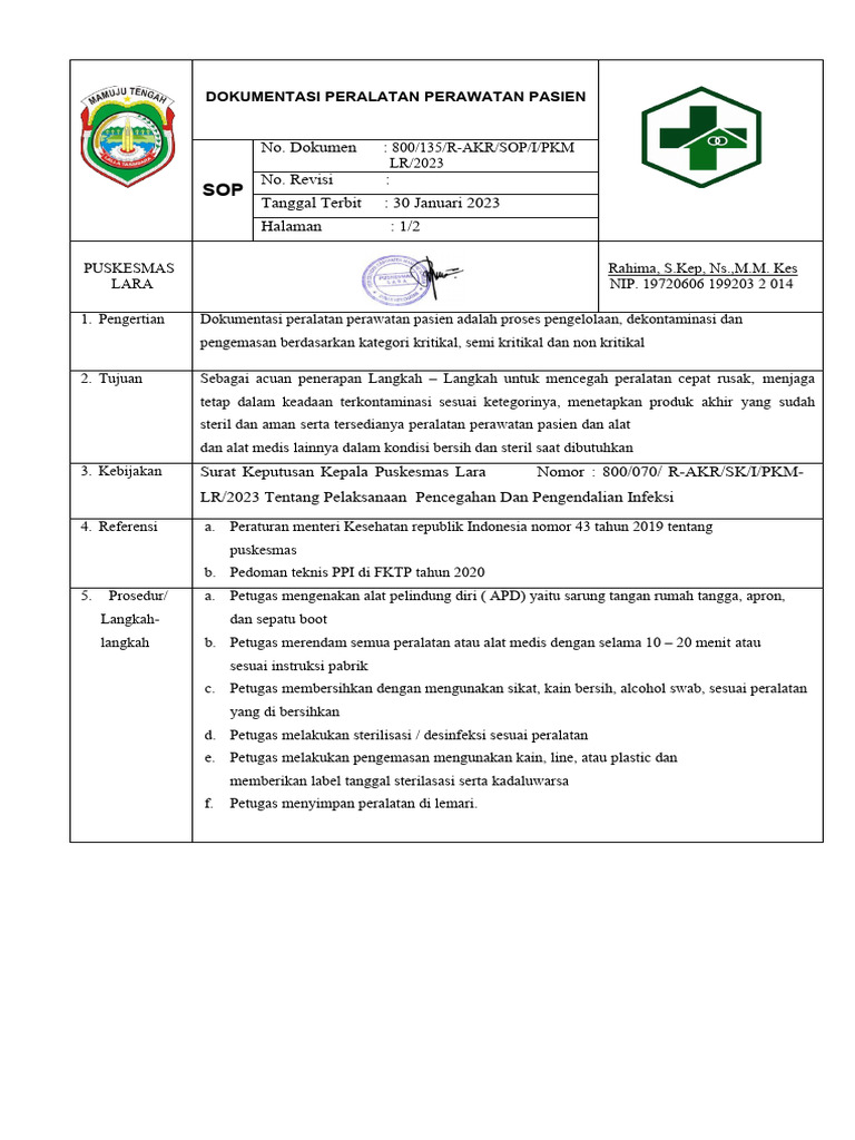 5.5.3 Ep.1 Kewaspadaan Standar (SOP Dekomentasi Peralatan Perawatan Pasien) | PDF