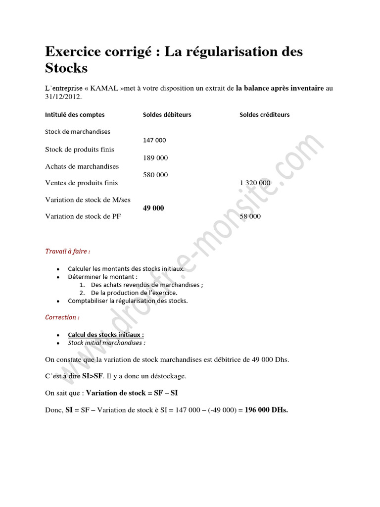 Exercice Corrigé - La Régularisation Des Stocks | PDF | Inventaire ...