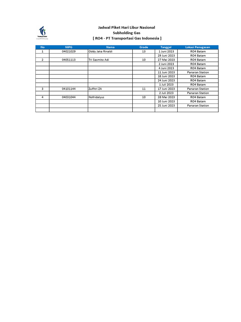 Form Jadwal Piket Hari Libur - SH Gas - TGI-RO4 | PDF