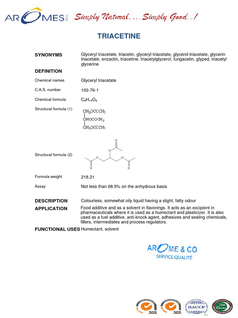 Monographie Glycerine Triacetate | PDF | Glycerol | Ethanol