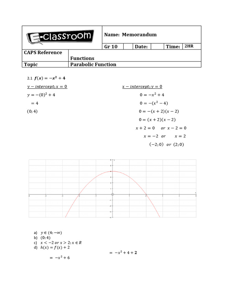 gr10t2 Functions Parabola Function Memo | PDF | Analytic Geometry ...