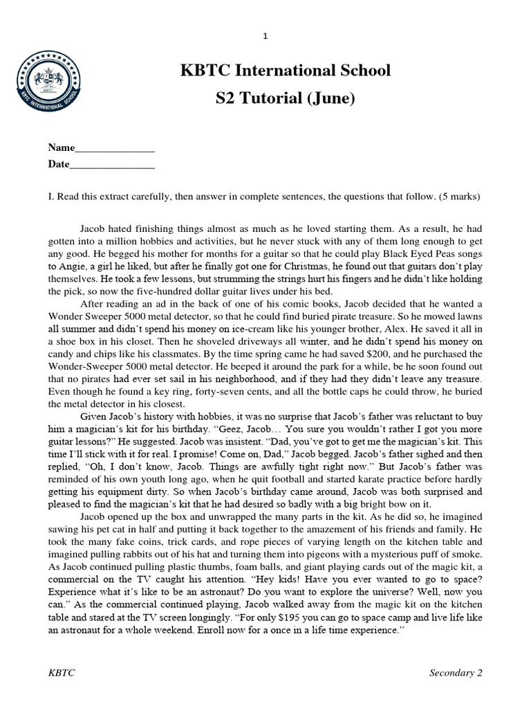 KBTC International School S2 Tutorial (June) : Name - Date | PDF