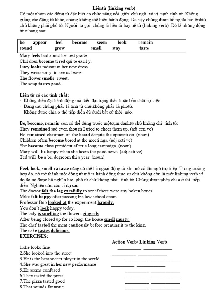 LINKING VERB Unit 2 11thi Diem | PDF