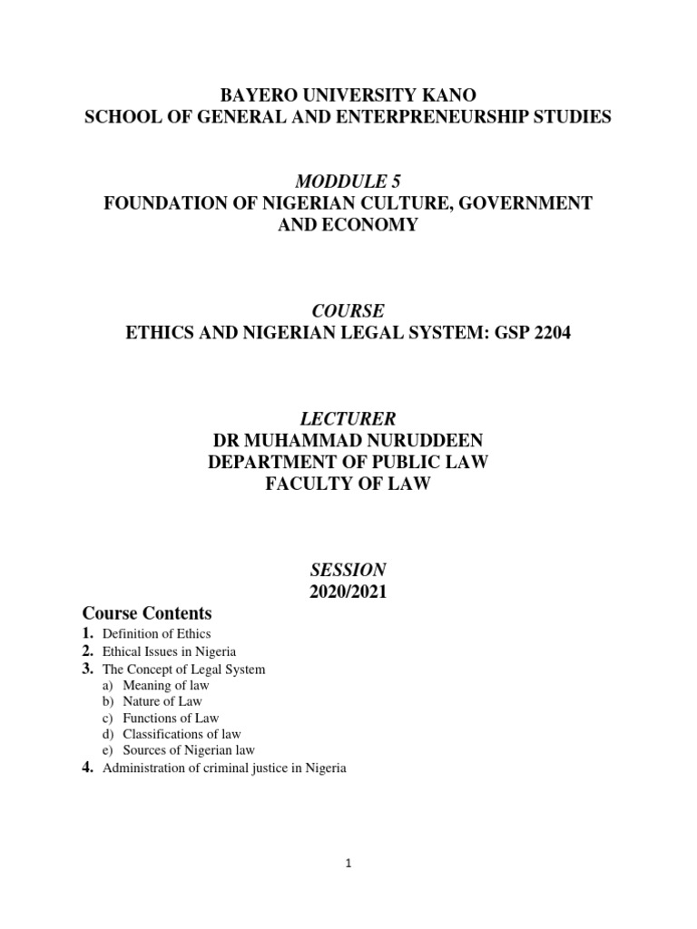 Lecture Notes On Ethics and Nigerian Legal System | PDF | Burden Of ...