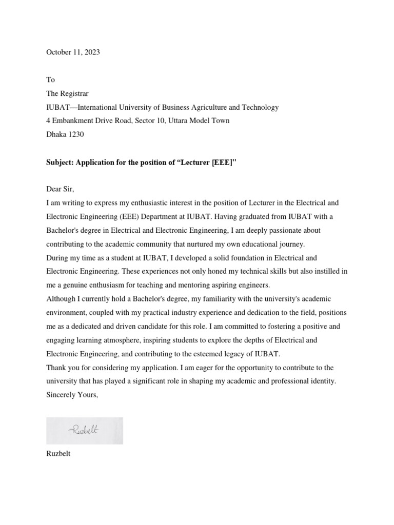 Cover Letter-Department of EEE (Lecturer) | PDF